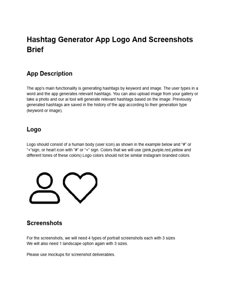 Hashtag Generator App Logo And Screenshots Brief (2) | PDF