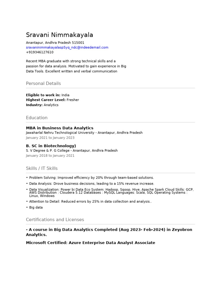 Resume Sravani Nimmakayala | PDF