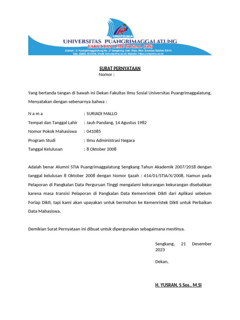 Surat Pernyataan - Perbaikan Data | PDF