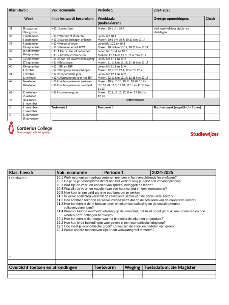 AE Havo-5 Studiewijzer Periode 1 2024-2025 | PDF