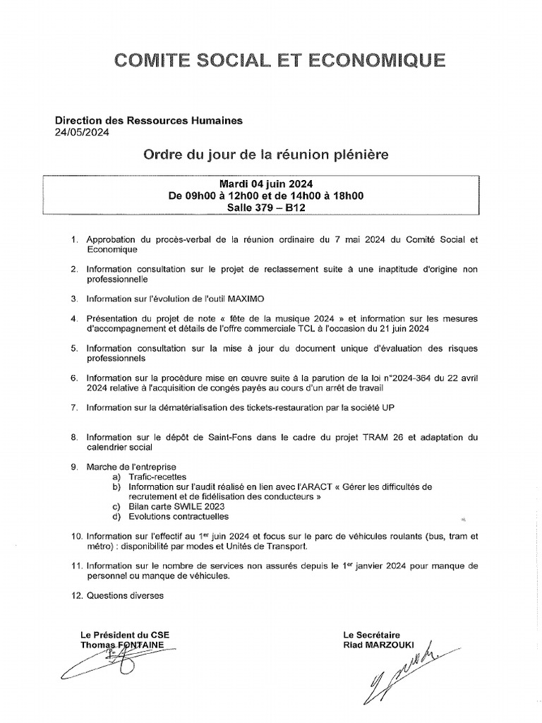 Ordre Du Jour CSE 04 Juin 2024 Signé | PDF