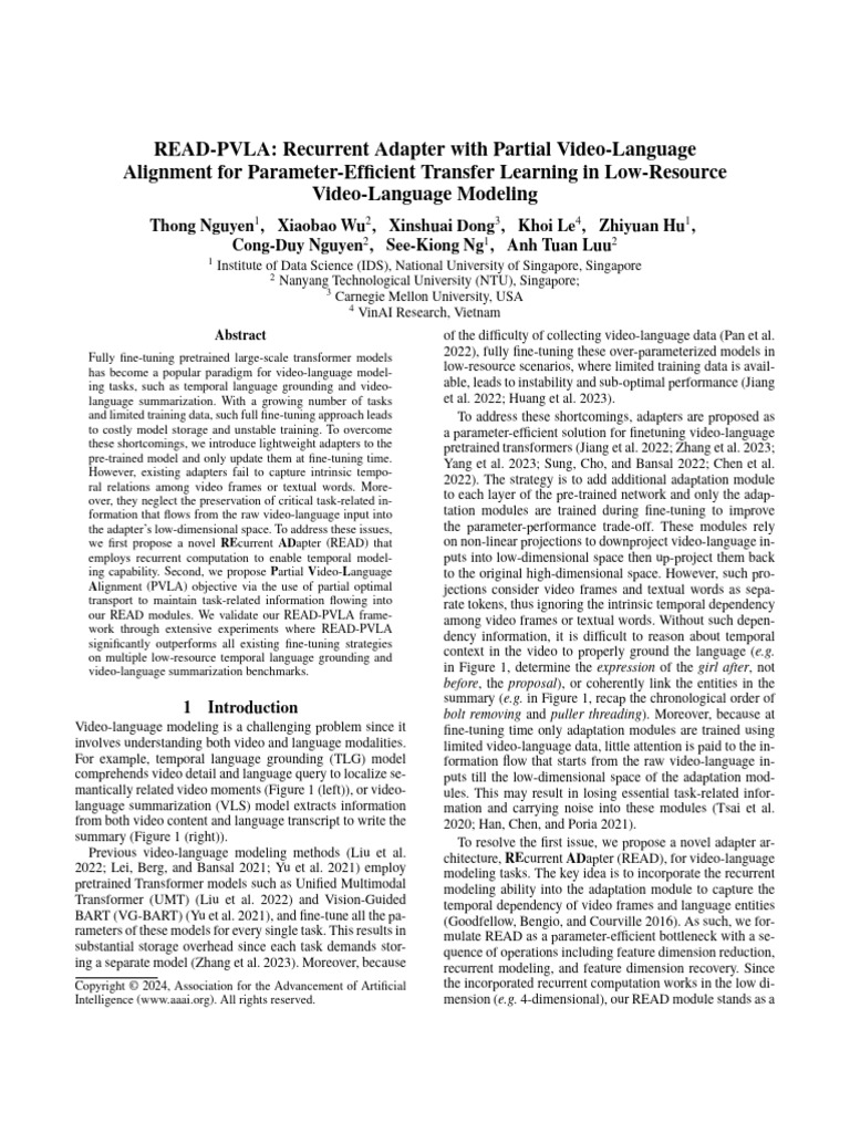 READ-PVLA: Recurrent Adapter With Partial Video-Language Alignment For Parameter-Efficient ...