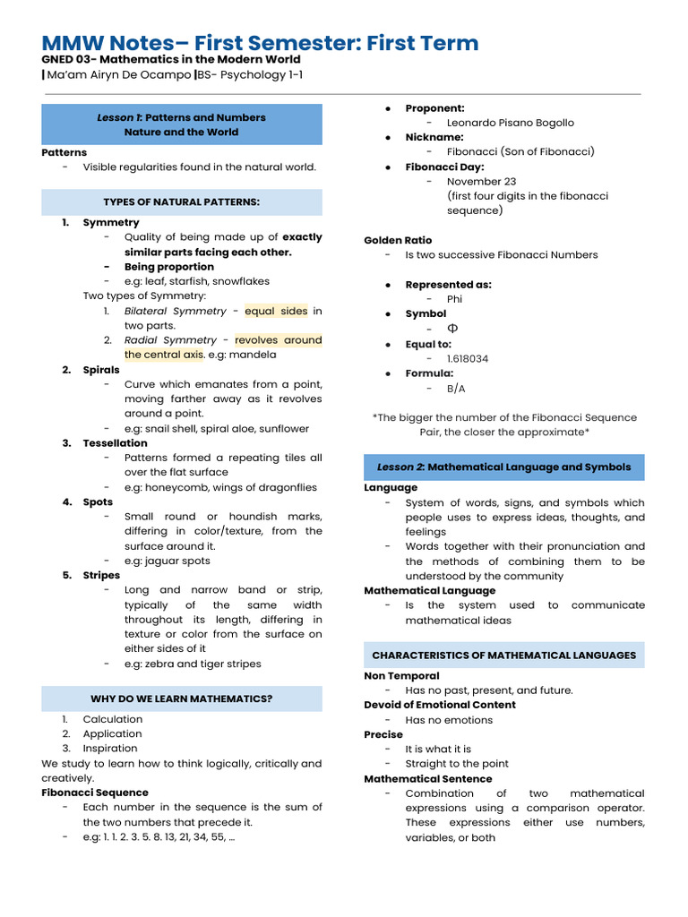 MMW Notes - First Semester: First Term: Lesson 1 | PDF