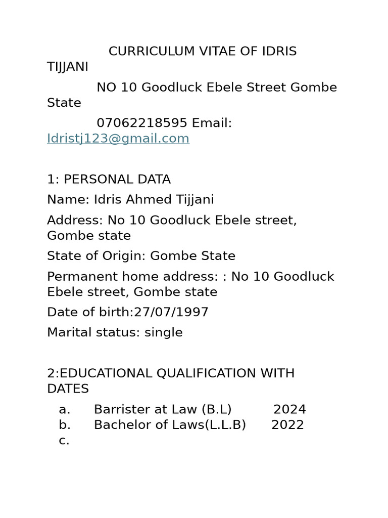 Curriculum Vitae of Idris Tijjani | PDF
