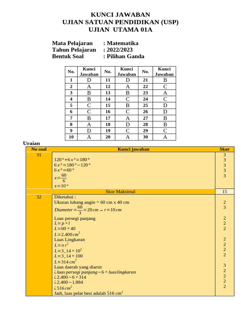 Kunci Jawaban Soal Utama USP 01A - MATEMATIKA | PDF