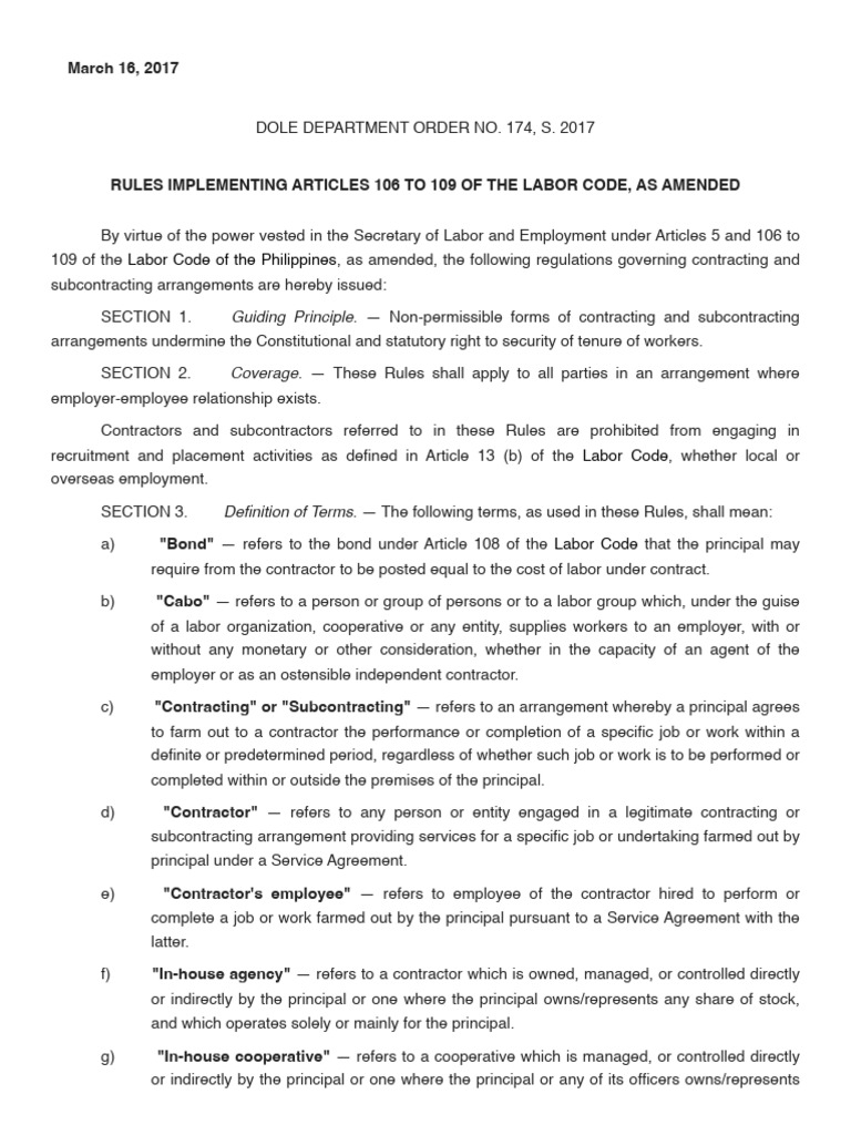 DOLE Order 174: Contracting Rules | PDF | Employment | Labour Law