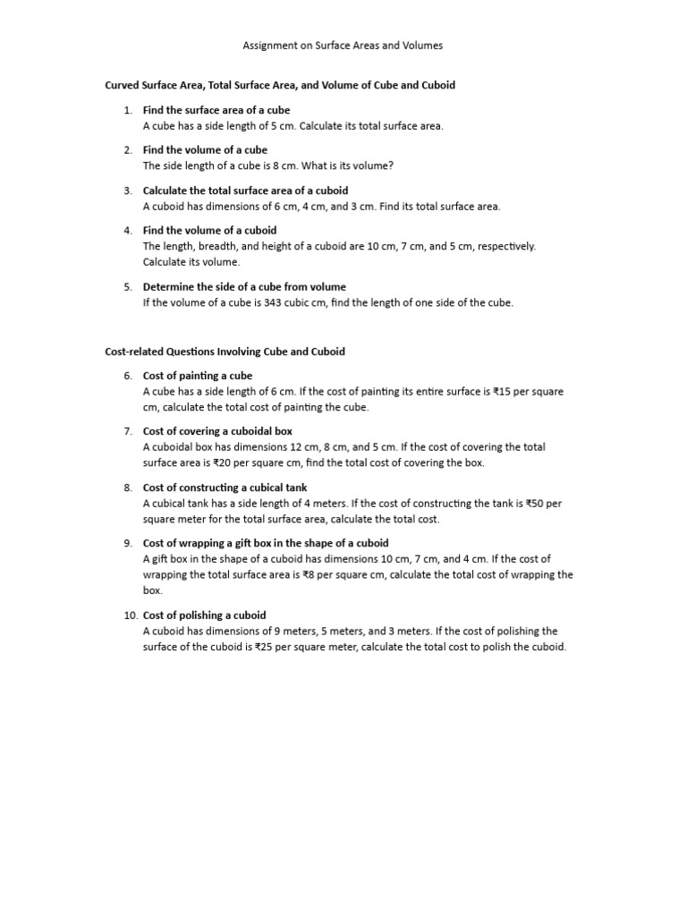 Assignment Surface Area and Volume - Cube and Cuboid | PDF