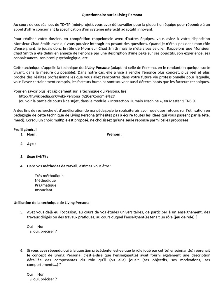 FISA3 - Questionnaire Individuel 2 Persona 2021 | PDF