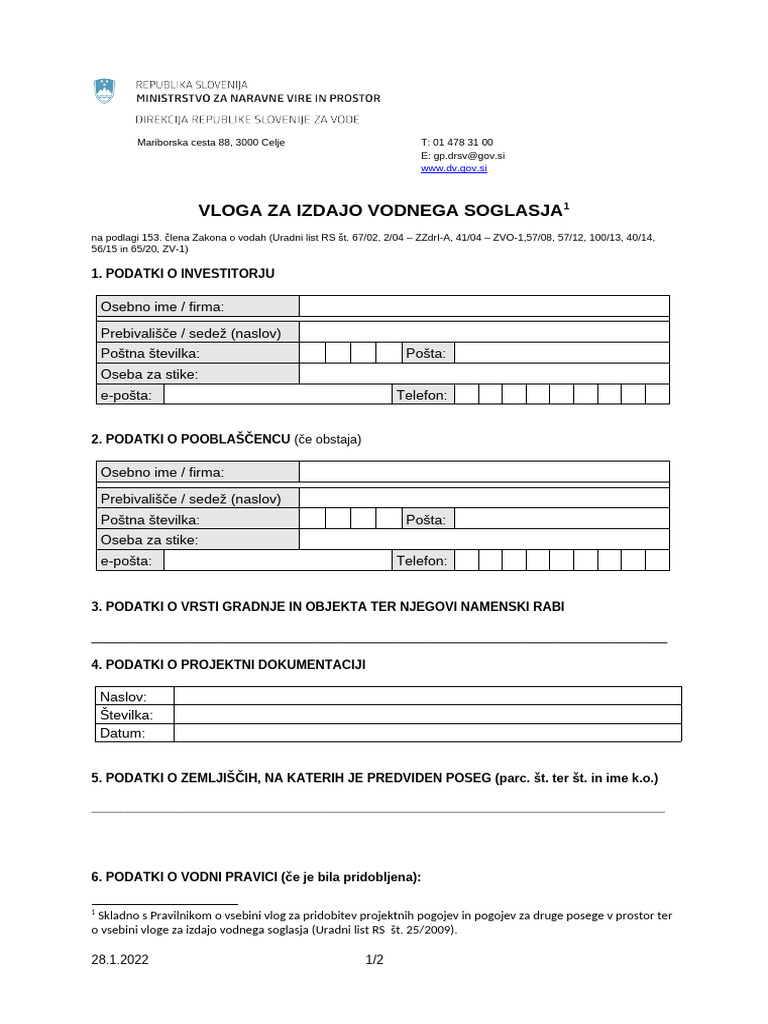 Vloga Za Izdajo Vodnega Soglasja Mnenja o Vplivu Gradnje Na Vodni Rezim Ali Stanje Voda v2 | PDF