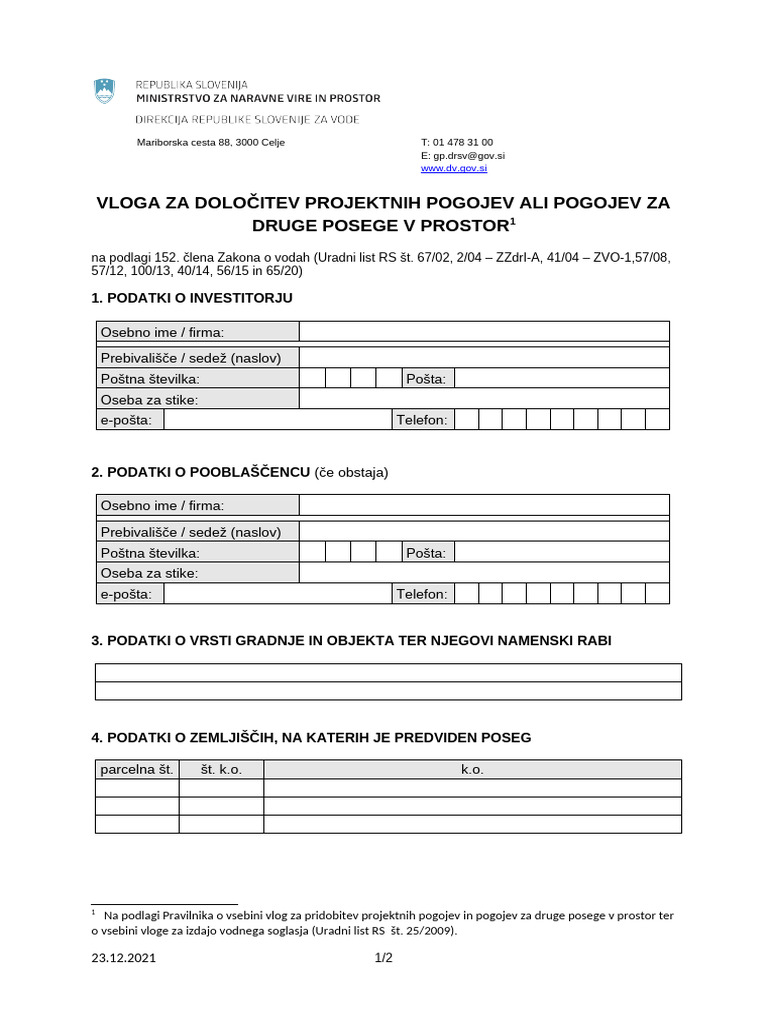 Vloga Za Dolocitev Projektnih Pogojev Ali Pogojev Za Druge Posege V ...