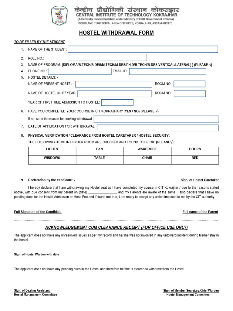 HOSTEL WITHDRAWAL FORM | PDF