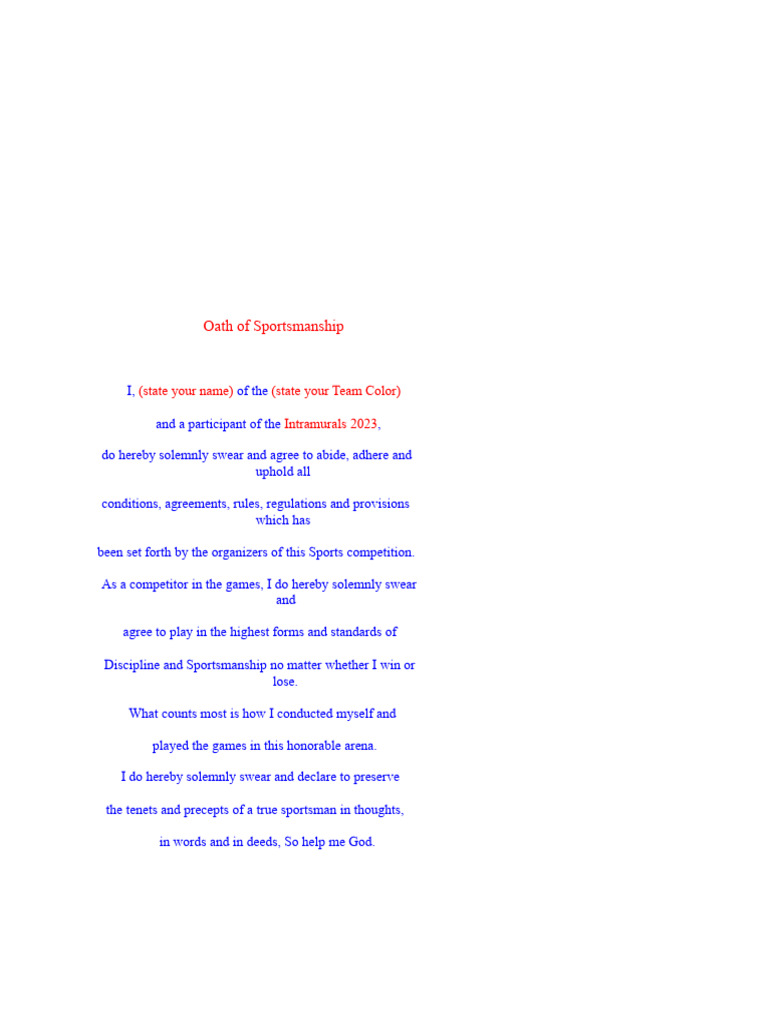 Oath-Of-Sportsmanship - Oath of Sportsmanship I, (State Your Name) of ...