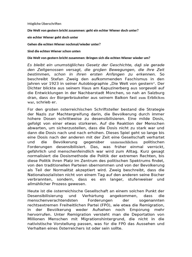 Die Welt Von Gestern Bricht Zusammen | PDF