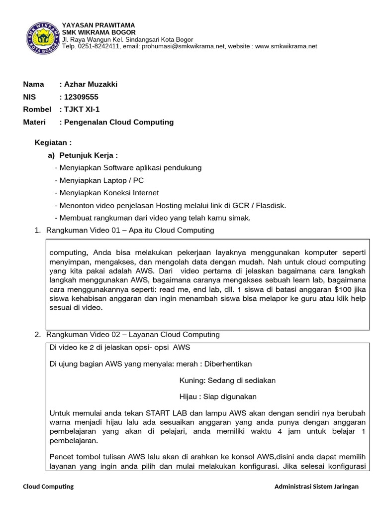 LK Cloud 1 - Pengenalan Cloud Computing. Azhar Muzakki | PDF LK Cloud 1 - Pengenalan Cloud Computing. Azhar Muzakki | PDF