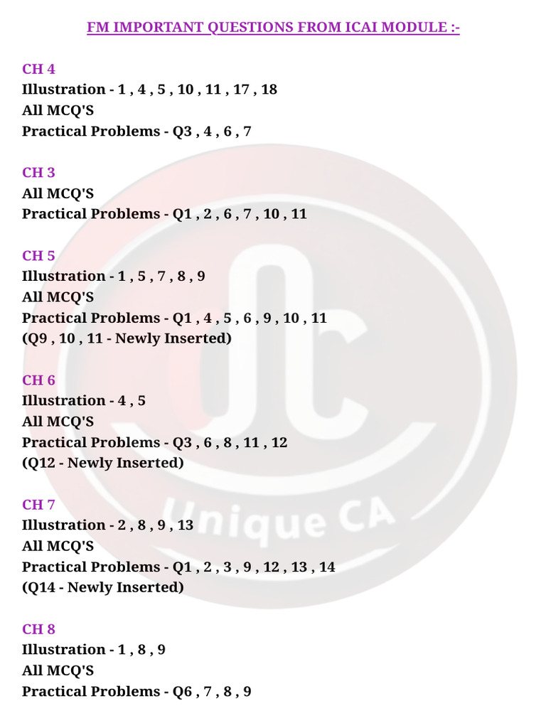 Unique CA FM IMPORTANT QUESTIONS & THEORY QUES FROM ICAI MODULE | PDF