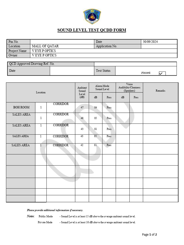 V Eye P Sound Level Test QCDD Form | PDF