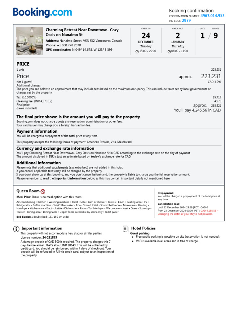 Booking.com_ Confirmation-shivam saini vancouver booking | PDF