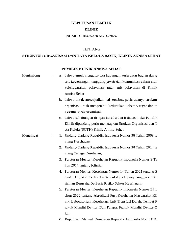 SK Struktur Organisasi + Uraian Tugas, Tanggung Jawab, Dan Wewenang | PDF