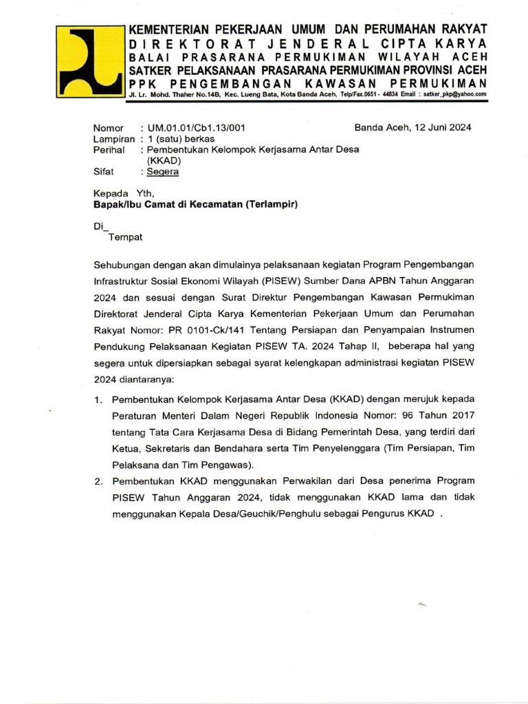 Surat Instruksi Ke Camat Masah Pisaw | PDF