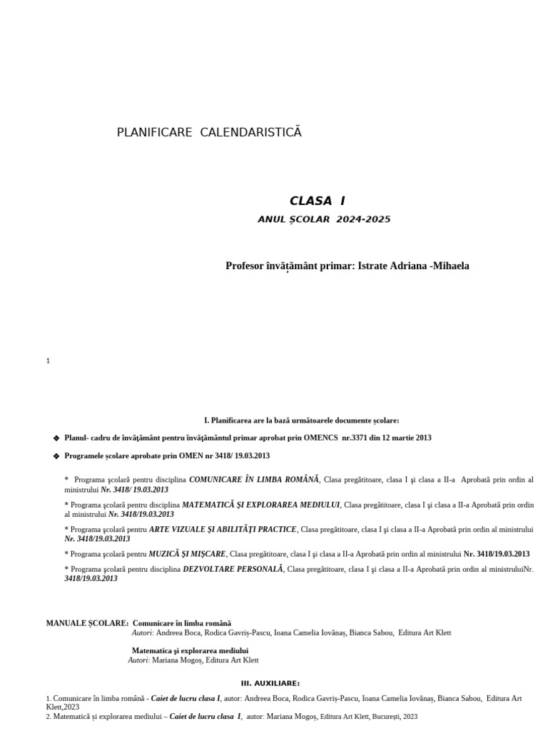 12 Planificare Clasa I | PDF