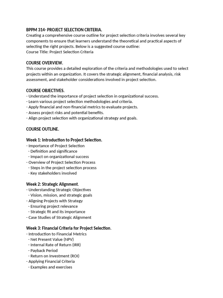 Project Selection Criteria Overview | PDF | Risk | Art