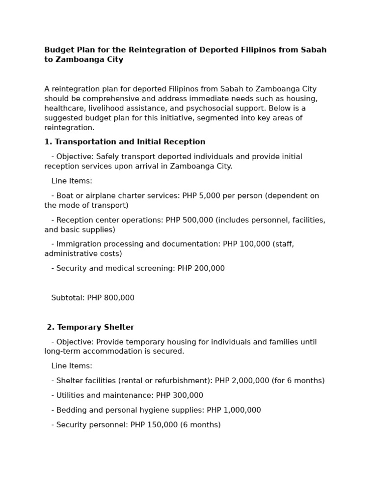 Budget Plan For The Reintegration of Deported Filipinos From Sabah To ...