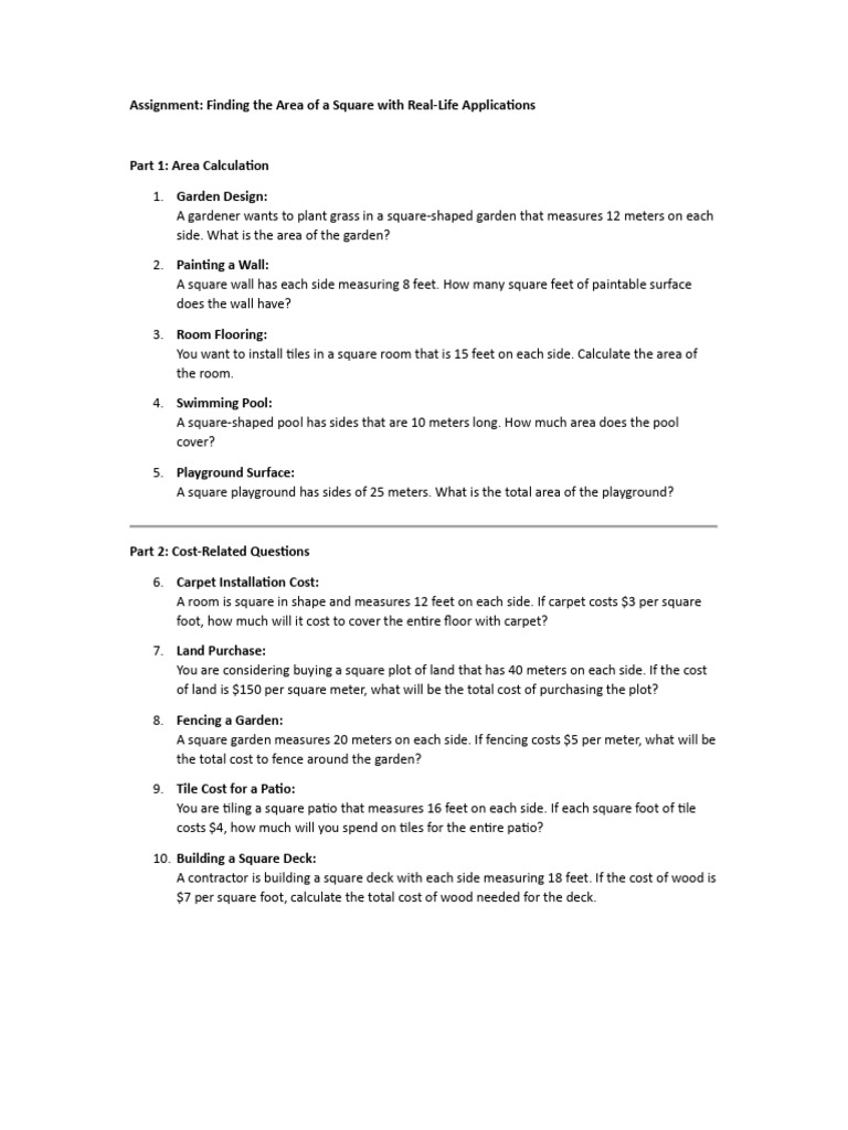 2D Shapes - Finding The Area of A Square - Real-Life Applications | PDF