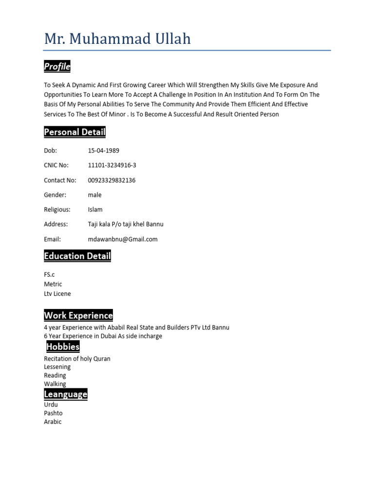 Mr Muhammad Ullah Cv | PDF