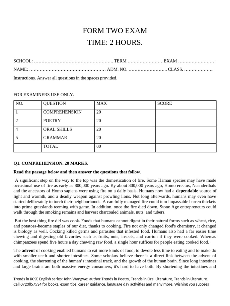 Trends in English Form 2 Exam | PDF | Human | Foods