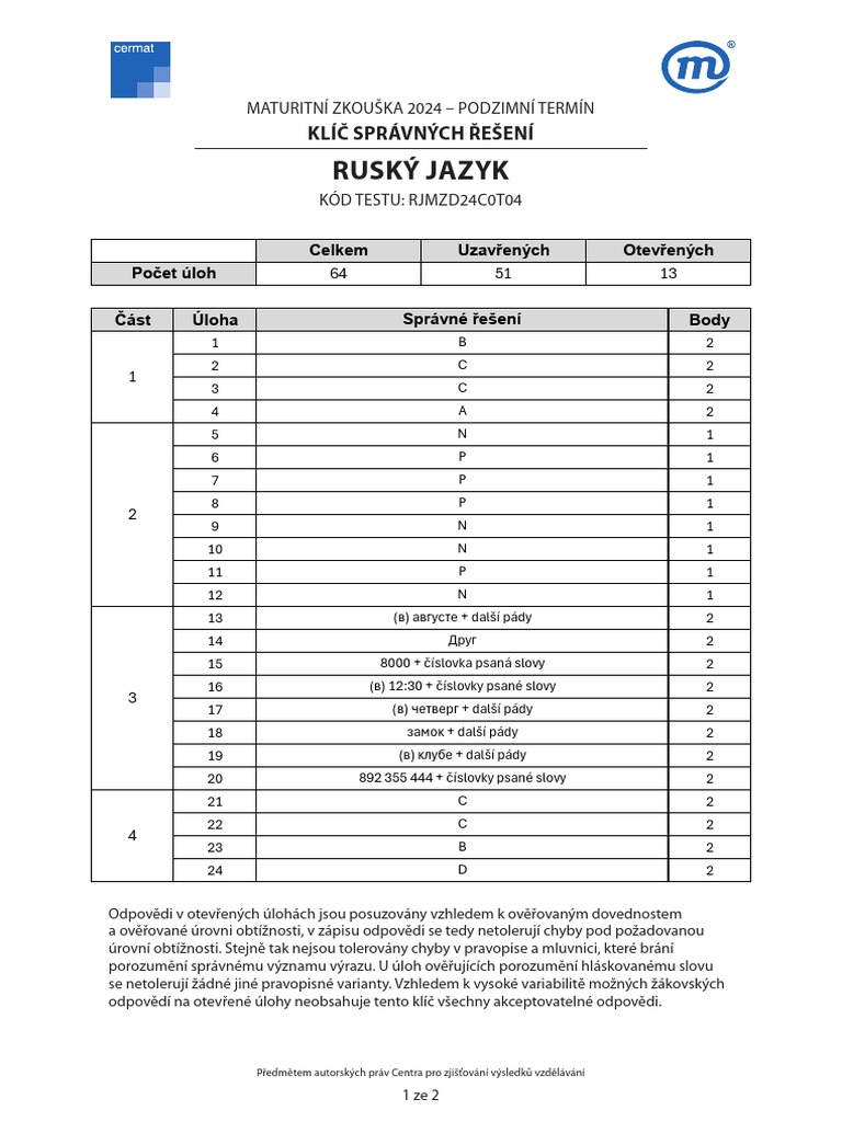 Maturita Rustina Didakticky Test Reseni 2024 Podzim | PDF