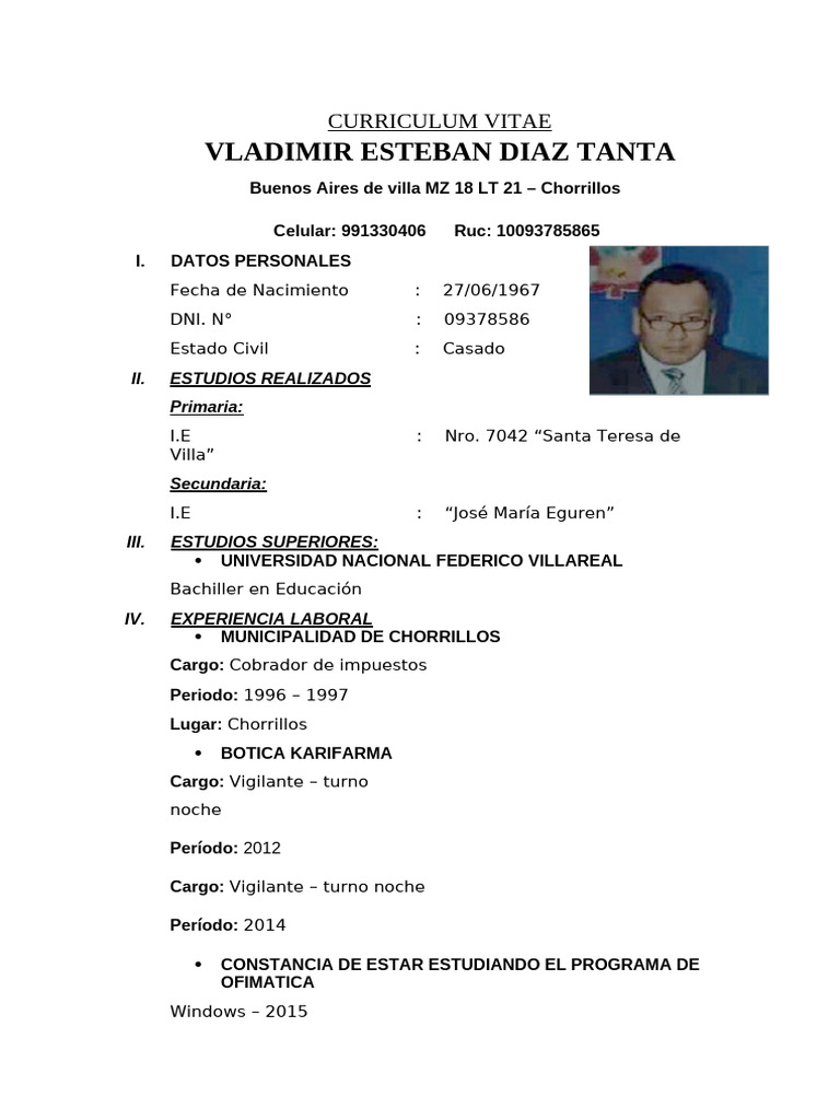 Curriculum Vitae - Vladimir Diaz | PDF
