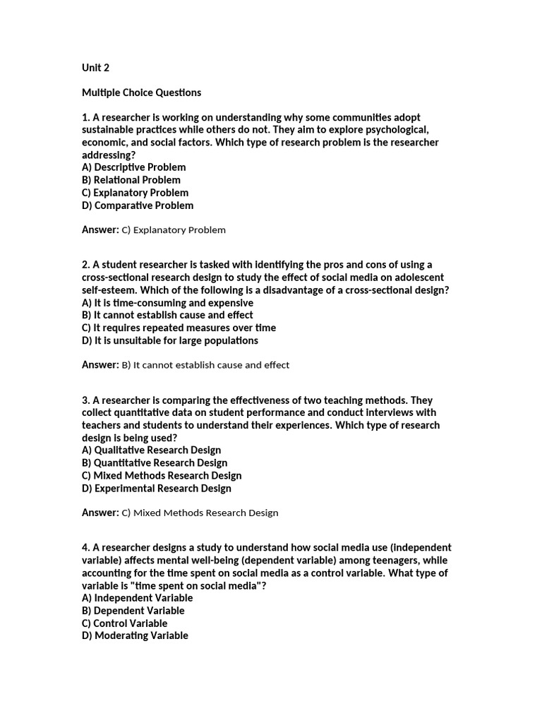 Unit 2 - Sample MCQ's in Portal | PDF | Qualitative Research | Quantitative Research