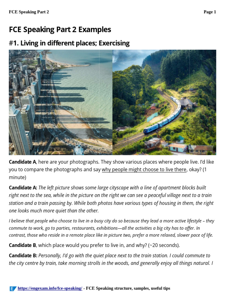 FCE Speaking Part 2 Question Cards With Answers and Vocabulary | PDF