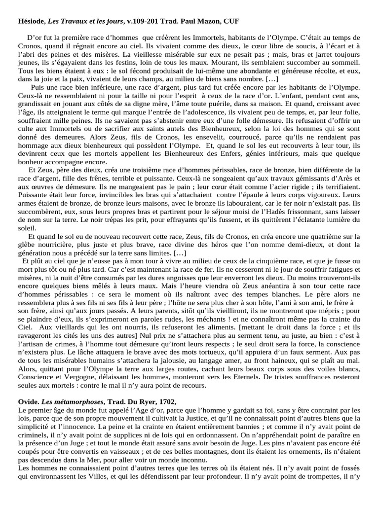 Les Travaux Et Les Jours: Hésiode,, v.109-201 Trad. Paul Mazon, CUF | PDF