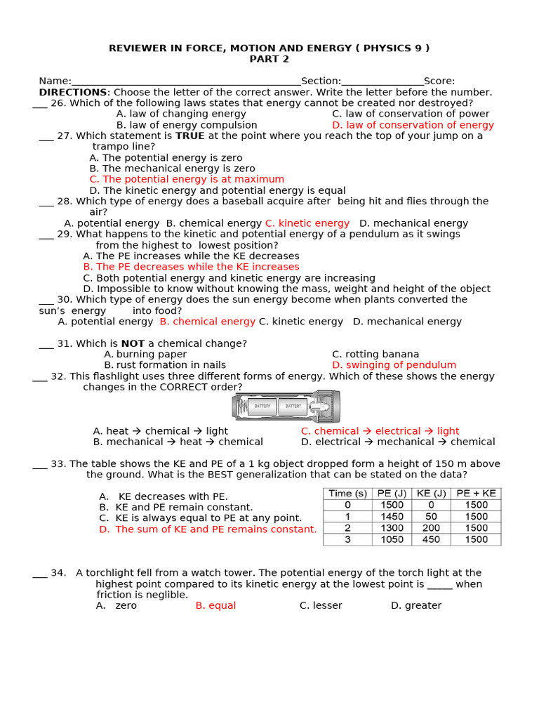 Grade 9 Physics Part 2 With Red Answer Key | PDF | Potential Energy ...