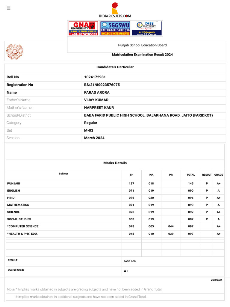 Punjab School Education Board Matriculation Examination Result ...