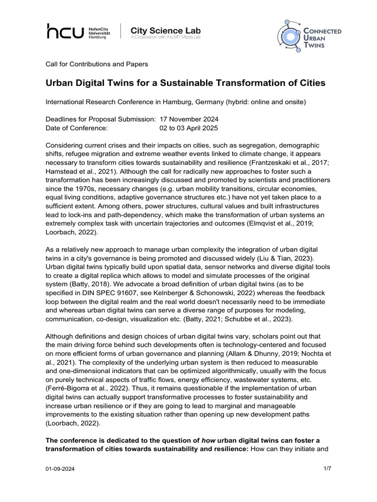 CFP Urban+Digital+Twins+for+a+Sustainable+Transformation+of+Cities Conference 2025 | PDF