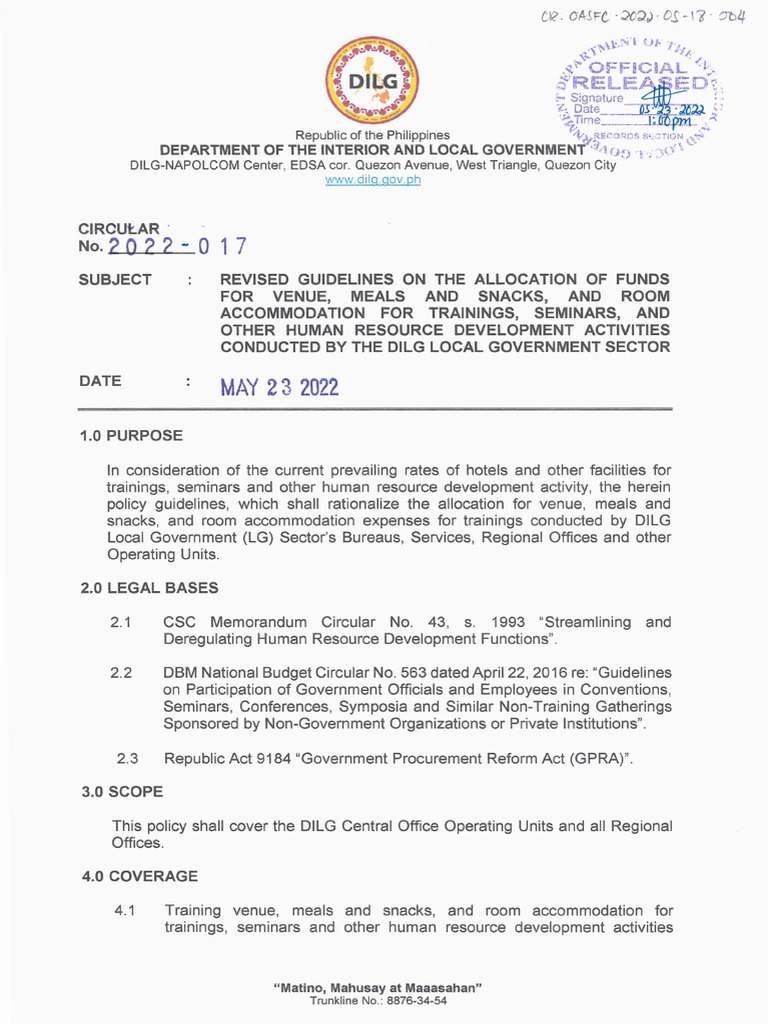DILG Circular 2022-017 - Authorized Amount For Venue | PDF