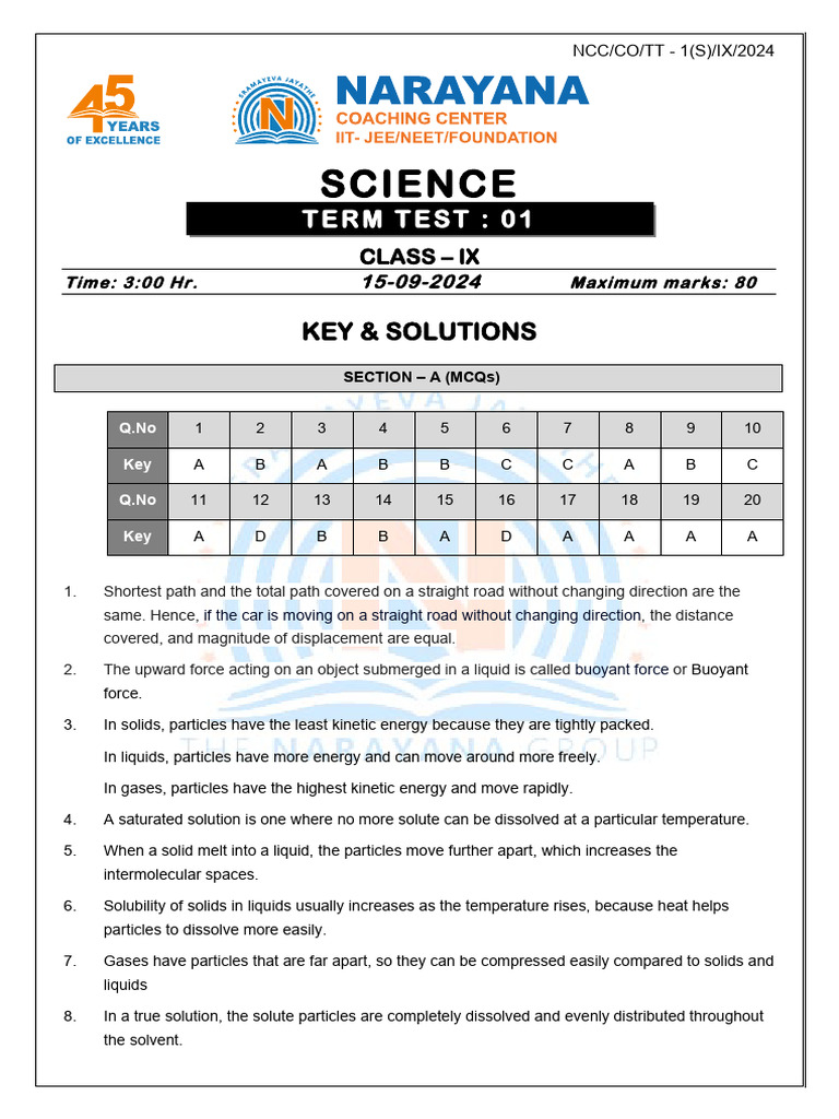 02 - CLASS - IX - TERM TEST - 1 - SCIENCE - Date - 15-09-2024 - KEY ...