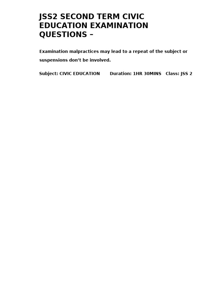 JSS2 SECOND Term Civic Exam | PDF
