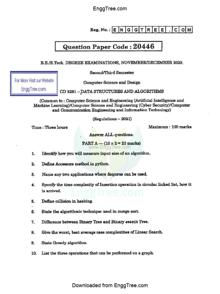CD3291 Data Structures and Algorithms Nov Dec 2023 Question Paper Download | PDF