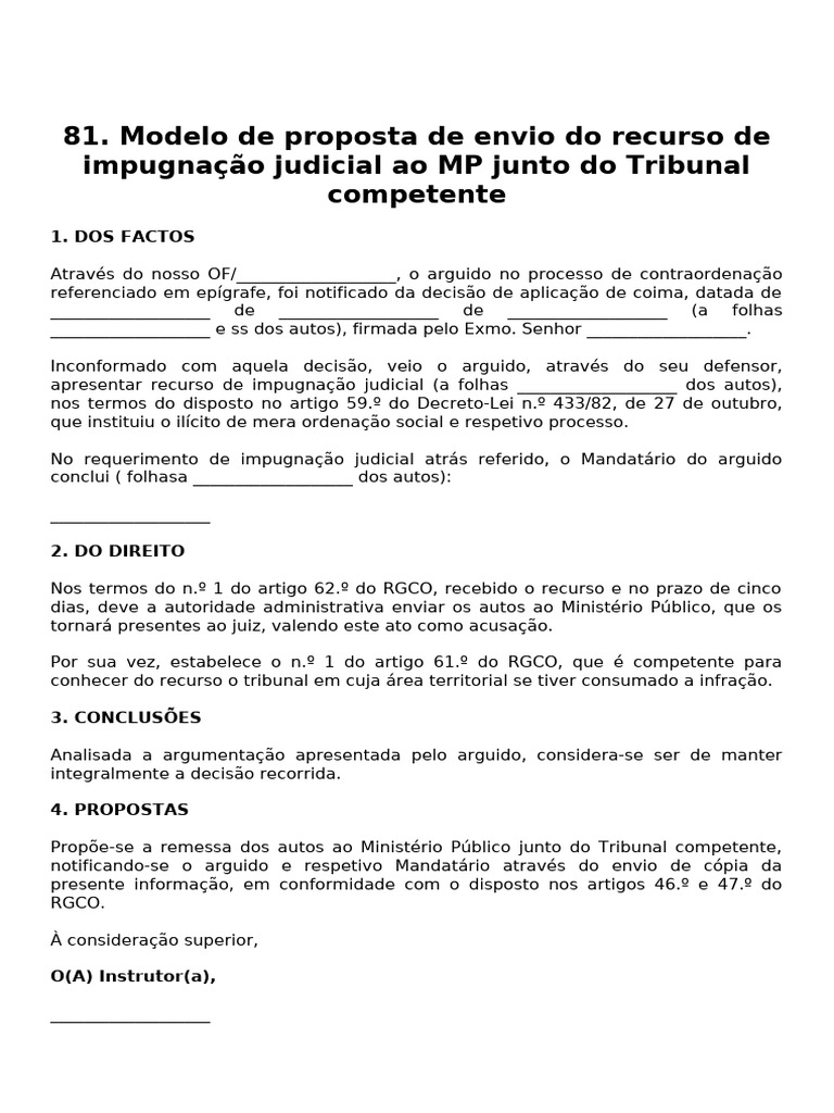 Modelo de proposta de envio do recurso de impugnacao judicial ao MP ...