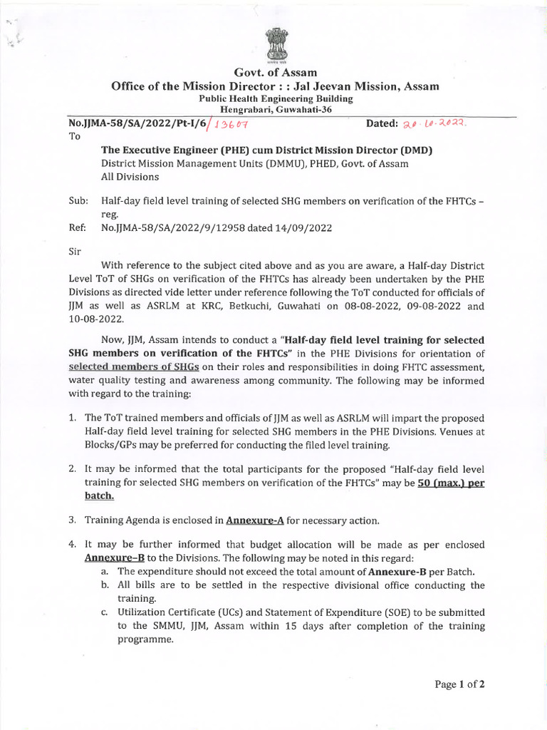 Letter To DMMU Half Day Field Level SHG Training | PDF