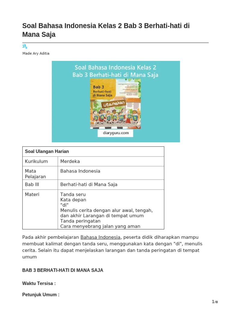 Diaryguru Com Soal Bahasa Indonesia Kelas 2 Bab 3 Berhati Hati Di Mana Saja | PDF