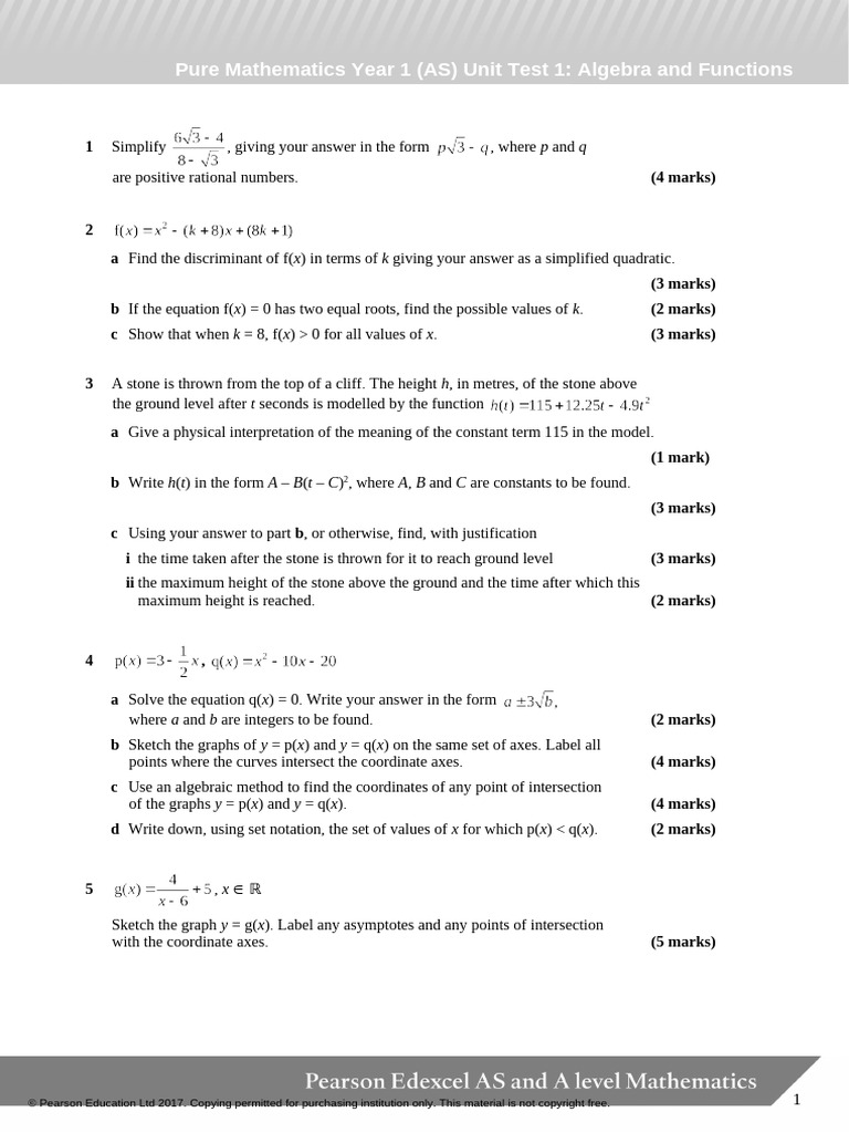 AS Maths Pure Unit 1 Test | PDF
