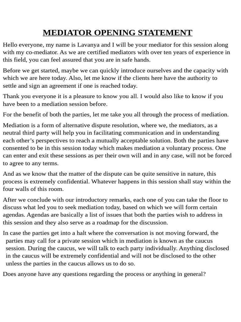 Mediator Opening Statement | PDF | Mediation