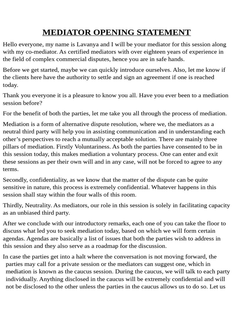 Mediator Opening Statement | PDF | Mediation | Career & Growth