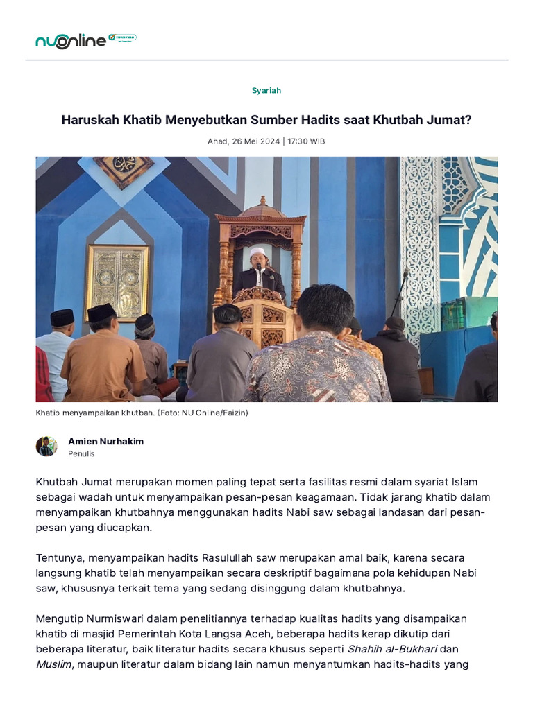 Haruskah Khatib Menyebutkan Sumber Hadits Saat Khutbah Jumat | PDF