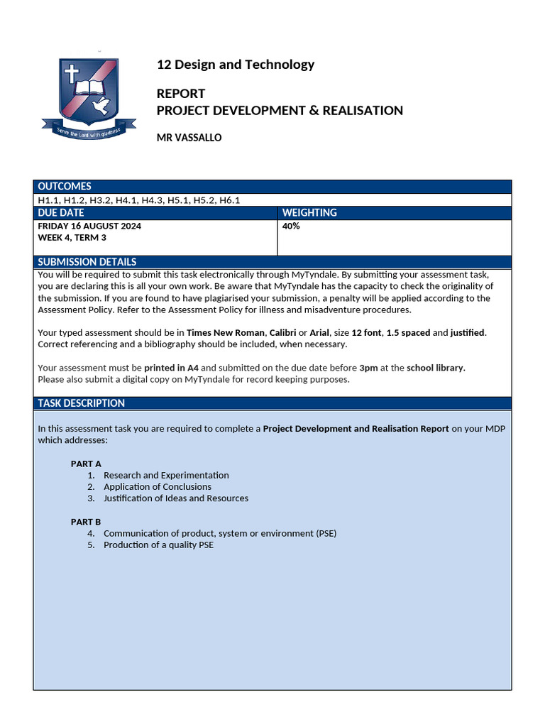 12 Design & Technology Project Development & Realisation Assessment ...