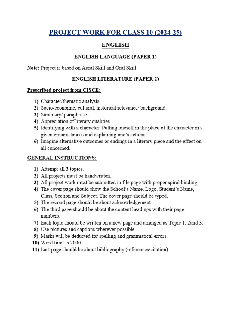 Project Work For Class 10 (2024-25) : English | PDF